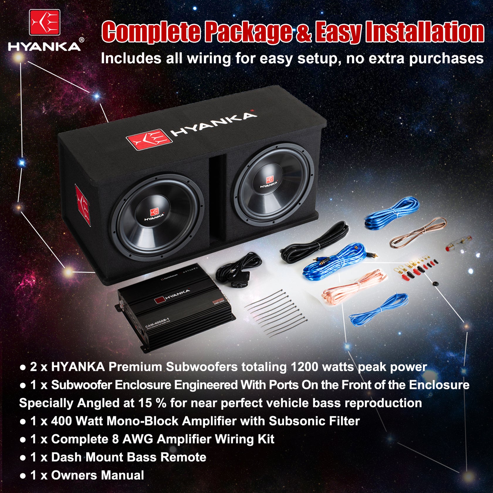 1200W Dual 12-inch Car Subwoofer Enclosure Kit With Mono Amplifier - HYANKA